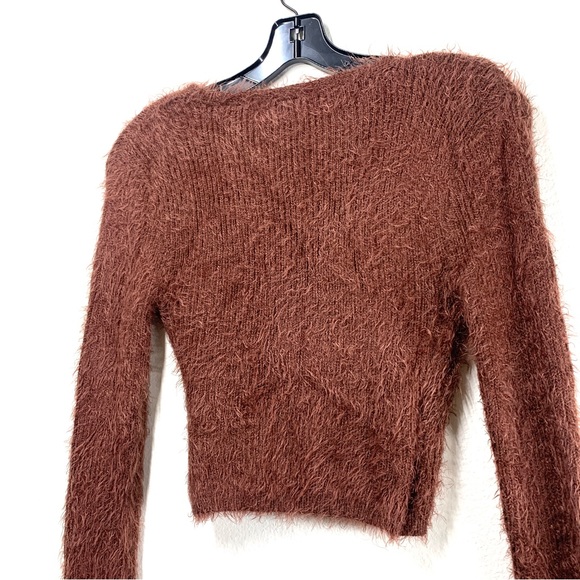 Sweaters | Brown Fuzzy Furry Faux Wrap Crop Sweater | Poshmark